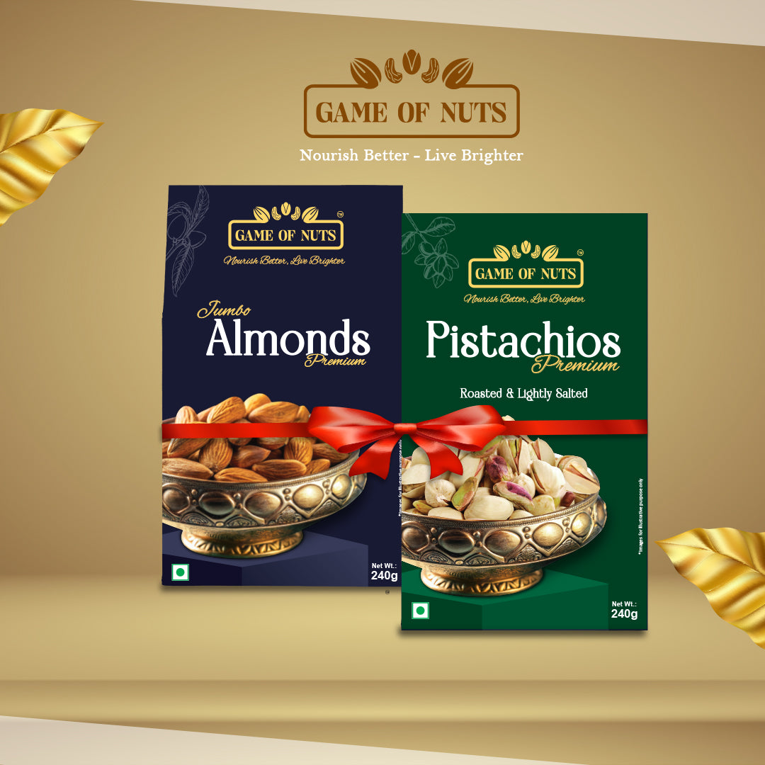 Jumbo Almonds & Roasted Pistachios Combo – 240g Each – Game of Nuts